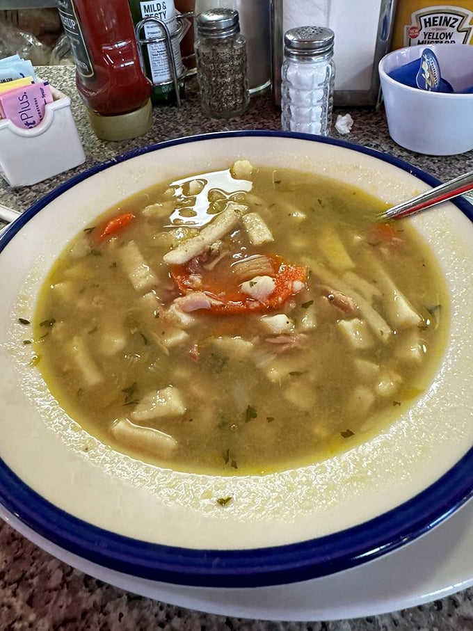 Chicken noodle soup that could cure anything – even your obsession with checking work emails. Comfort in a bowl, just like mom used to make.