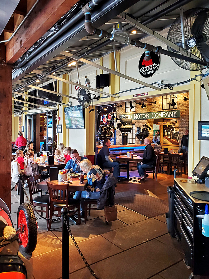 Real people enjoying real food in a space that celebrates American ingenuity. Notice nobody's looking at their phones&mdash;the food has their full attention.