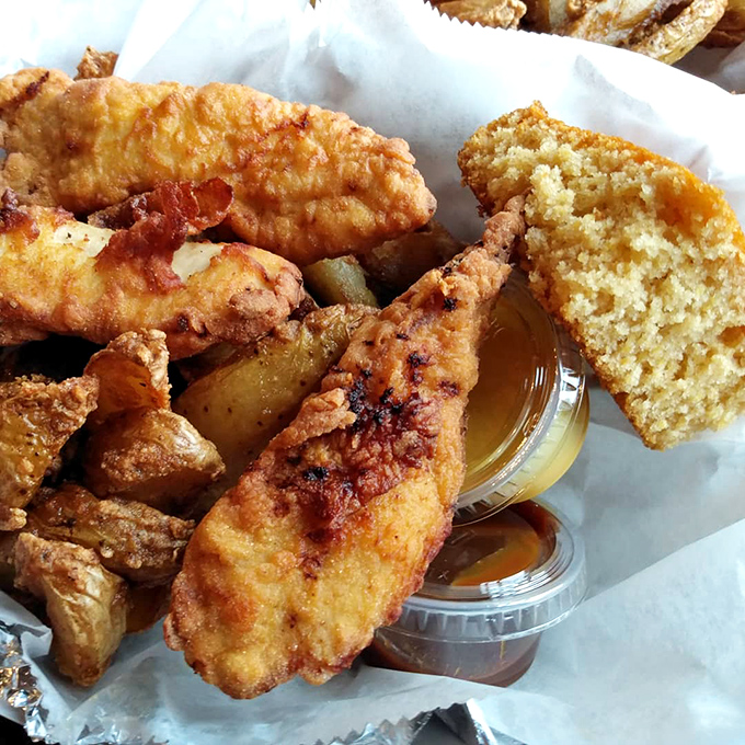 Golden-fried fish that's crispier than your granddad's jokes and more satisfying than finding money in old jeans.