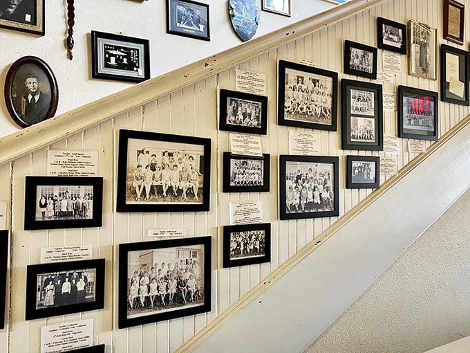 The ghosts of classrooms past line these walls. It's like a yearbook come to life, minus the awkward hairstyles and regrettable fashion choices.
