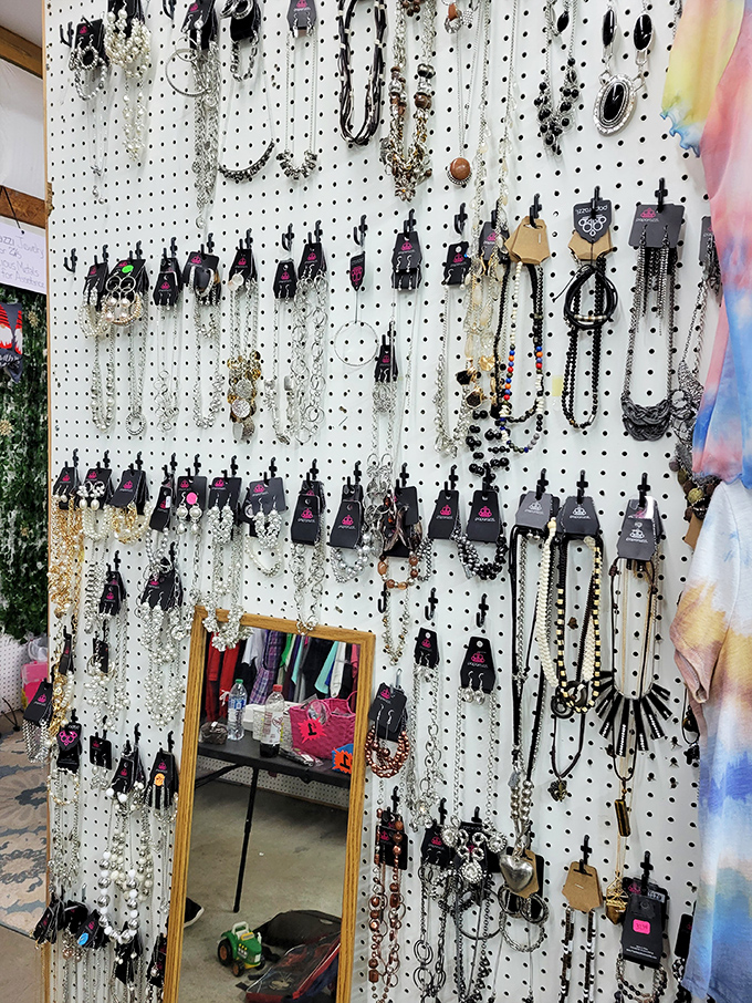 A pegboard jewelry display that proves the best statement pieces come with stories, not designer labels.
