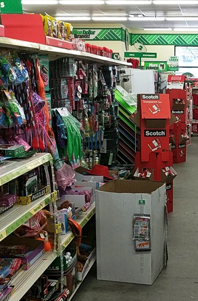 Office supplies, crafting materials, and party goods coexist in organized chaos&mdash;a Scotch tape display stands ready for all your wrapping emergencies.