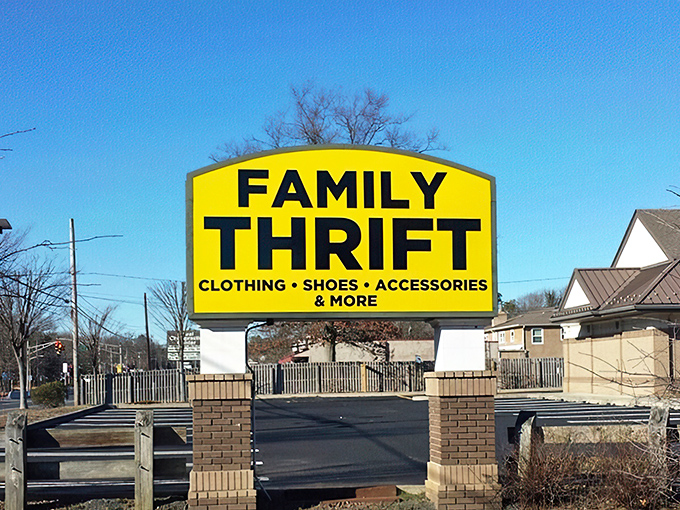 Family Thrift: Where every purchase tells a story! This sunny sign promises a day of bargain hunting for the whole clan.
