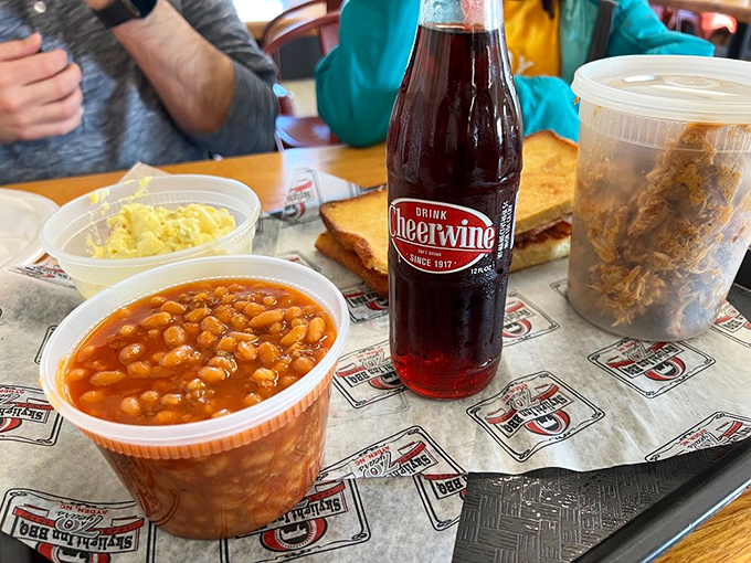 A classic Southern spread complete with Cheerwine, proving that barbecue without proper sides and a regional soda is merely a meal, not an experience.