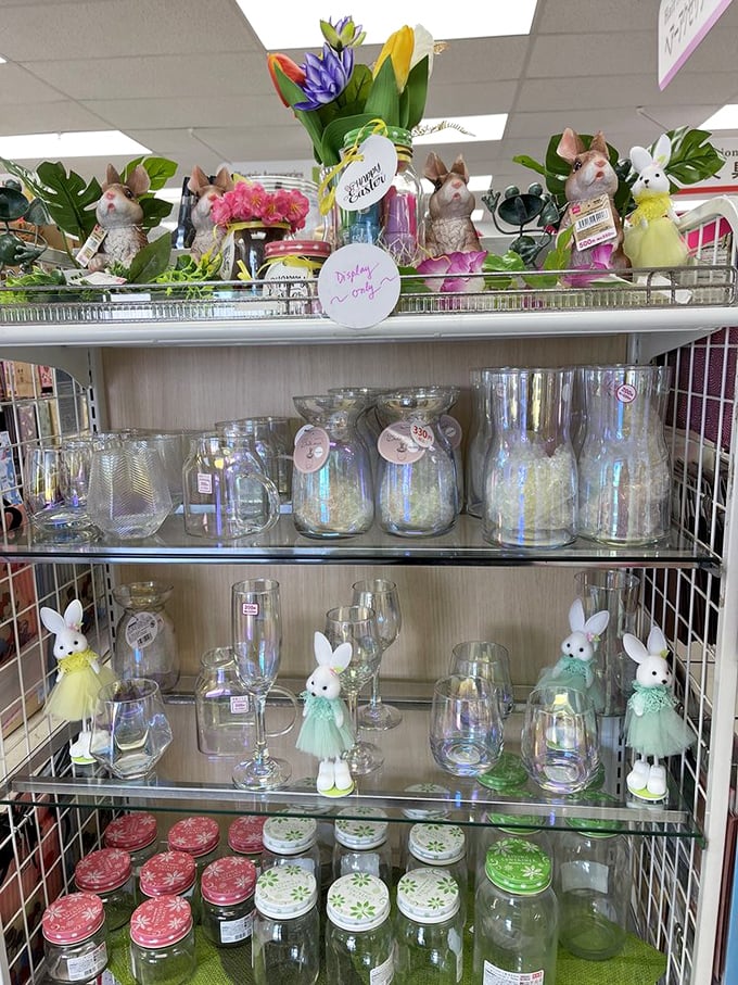 Easter decorations meet iridescent glassware in a display that whispers, "Your home needs more whimsy, and you know it."