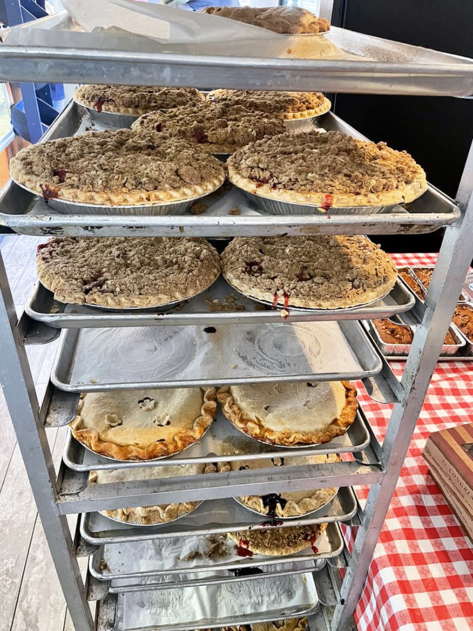 Pie-fection in progress! These racks of freshly baked pies are a testament to the art of American dessert-making.