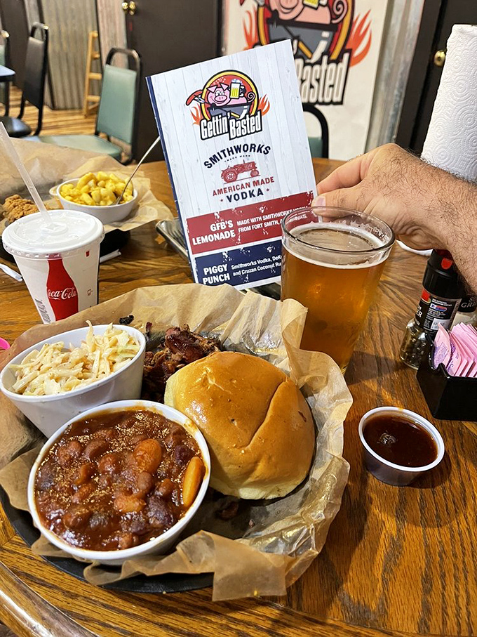 A complete meal that hits all the pleasure centers&mdash;pulled pork sandwich, mac and cheese, baked beans, and a cold beer.