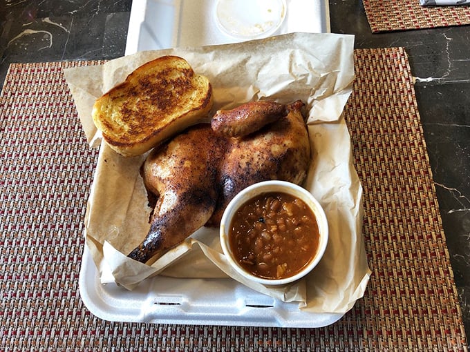 Half a chicken, perfectly smoked, with crisp skin and juicy meat that makes you wonder why you ever bothered with other proteins.