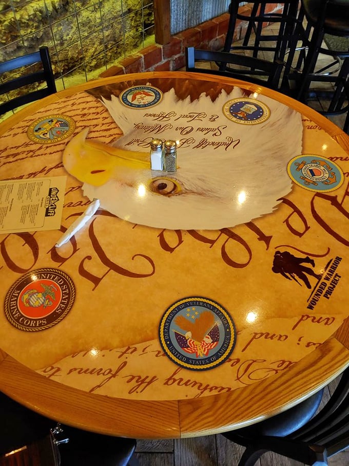 A table with a tale! This creative tabletop pays homage to our brave veterans, serving up a side of history with every meal.