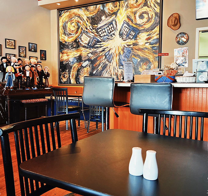 A wall of Whovian wonder! Portraits of the Doctor's many faces watch over diners like guardians of the galaxy (and your appetite).