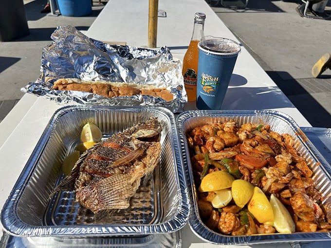 The World Famous Shrimp Plate: where seafood dreams come true. It's not just a meal; it's a shellfish spectacular that'll have you hooked!