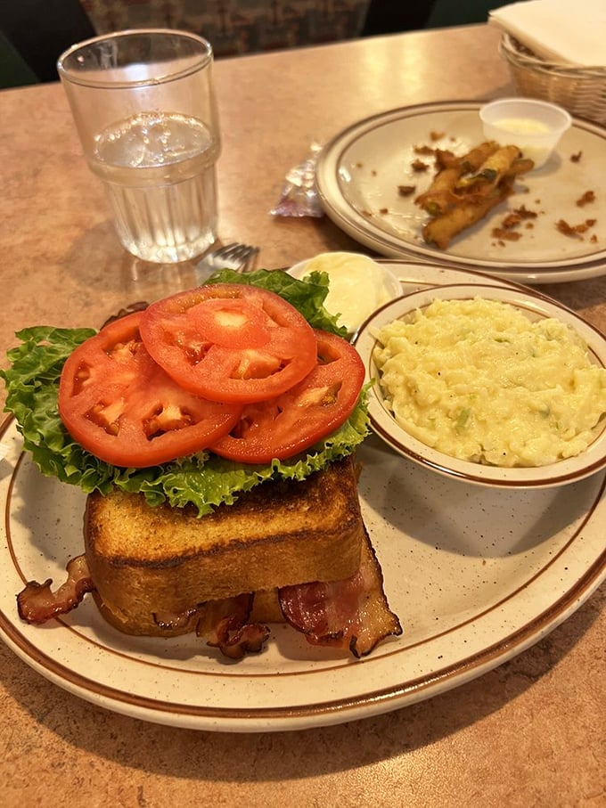 A BLT that respects the fundamentals: bacon cooked just right, garden-fresh tomatoes, and potato salad that didn't come from a tub.