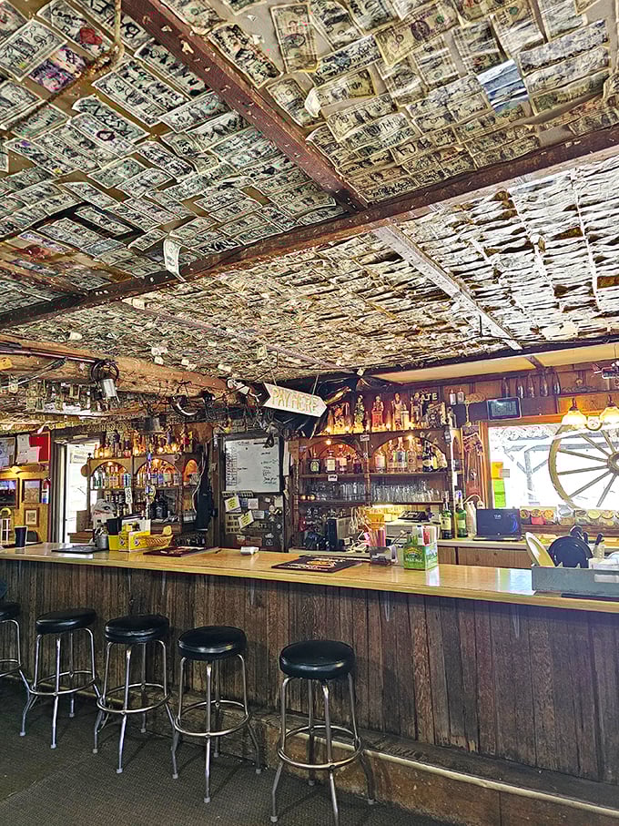 Money talks, but at this bar, it sings! The dollar-adorned ceiling is like a Vegas jackpot exploded over your head.