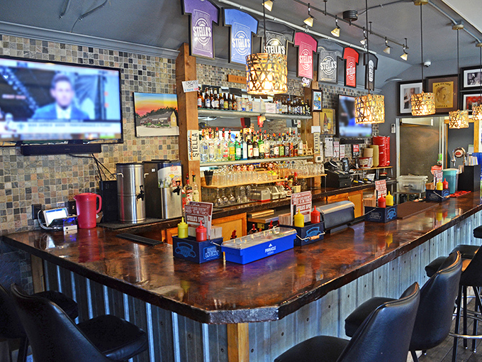 Where everybody knows your name (and your favorite burger order). Stella's bar area is part watering hole, part burger sanctuary.