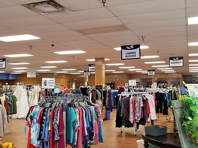 Rack 'em up! This clothing section is a rainbow of possibilities, where vintage meets modern and every hanger holds a potential fashion revolution.