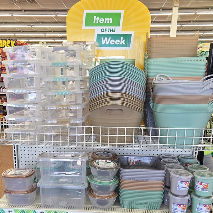 The "Item of the Week" display showcasing storage solutions that Marie Kondo would approve of—at prices that definitely spark joy.