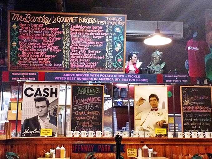 Burger artistry in action! The counter at Mr. Bartley's is like a culinary stage where beefy dreams come true.