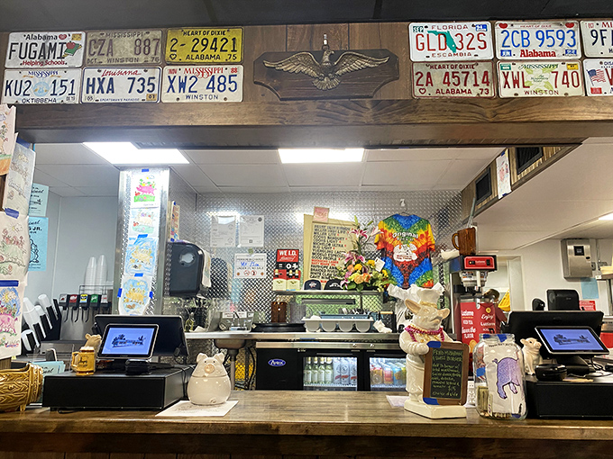 License plates and knick-knacks galore! This counter tells more stories than your grandpa after his third cup of coffee.