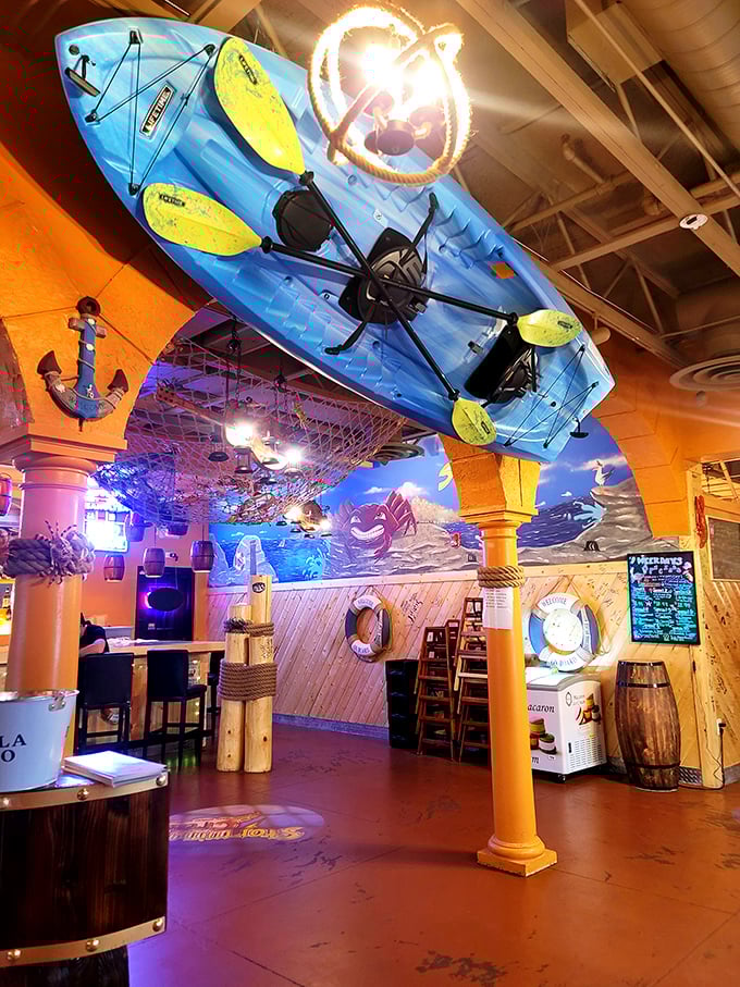 Look up! That kayak on the ceiling isn't an escape plan &ndash; it's just part of the whimsical decor that'll float your boat.