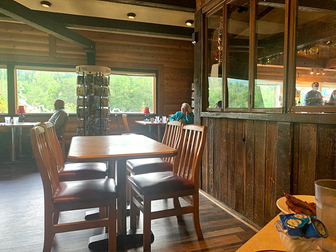 Dine with a view! This rustic dining area offers a feast for the eyes as well as the stomach.