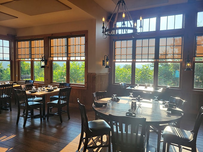 Windows to the soul (of Vermont). This dining area serves up comfort with a side of breathtaking views.
