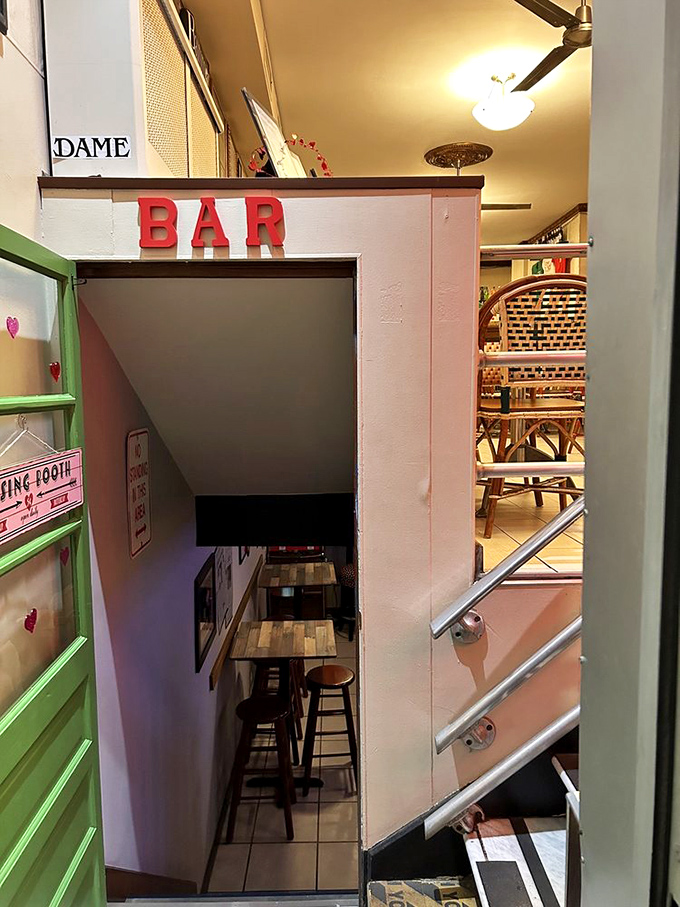 The secret downstairs bar: Where pizza lovers go to plot their next slice! It's like a speakeasy, but the password is "extra cheese, please."