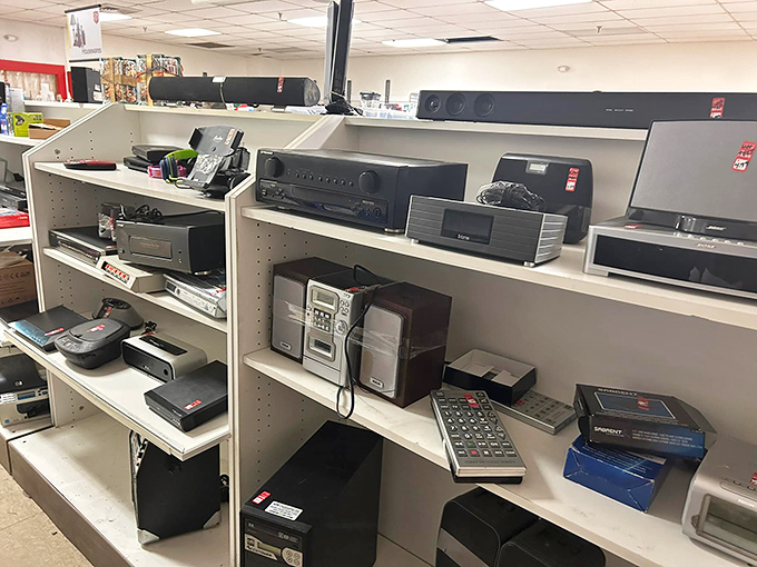 "Tech time capsule! From boomboxes to ancient remotes, it's like 'Back to the Future' had a yard sale."