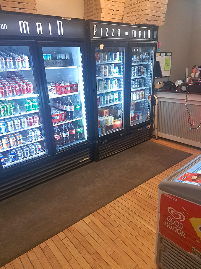 The rainbow road of refreshments. Choose your potion wisely, young pizza padawan - your thirst-quenching destiny awaits!