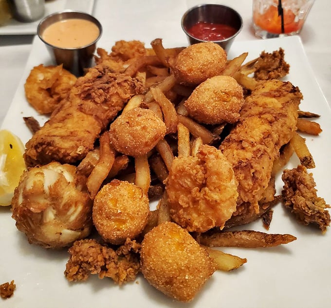 The fried seafood platter that makes you want to high-five the chef and hug the Atlantic Ocean in gratitude.