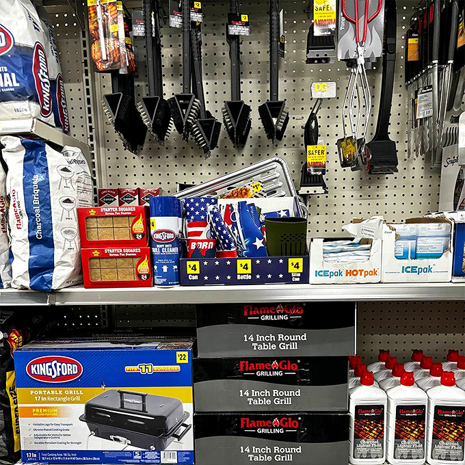 Grill thrills at bargain bills! This display has everything you need for a backyard BBQ bonanza, minus the sunburn and mosquito bites.