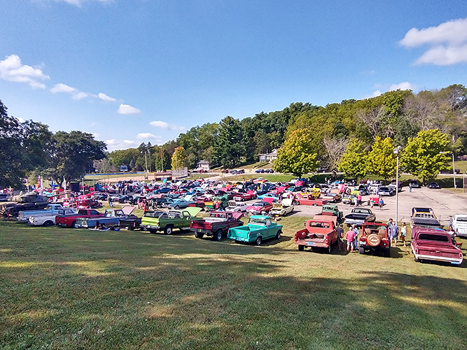 Rev up your engines and feast your eyes! This car show is a rainbow of vintage chrome and nostalgia on wheels.