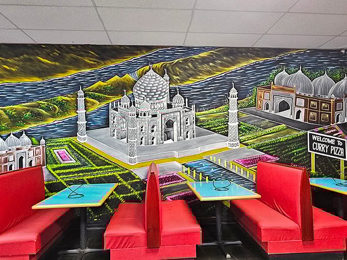 Talk about eating with your eyes! This mural turns your dining experience into a passage to India, no passport required.