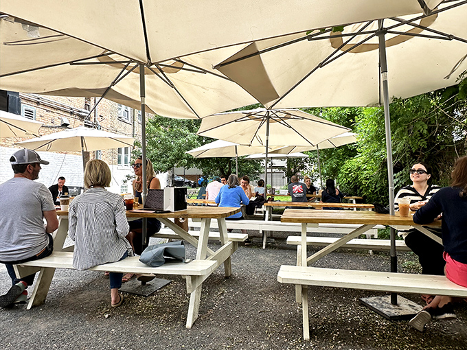 An outdoor oasis where comfort food meets fresh air. It's like a picnic, but with better seating and no ants!