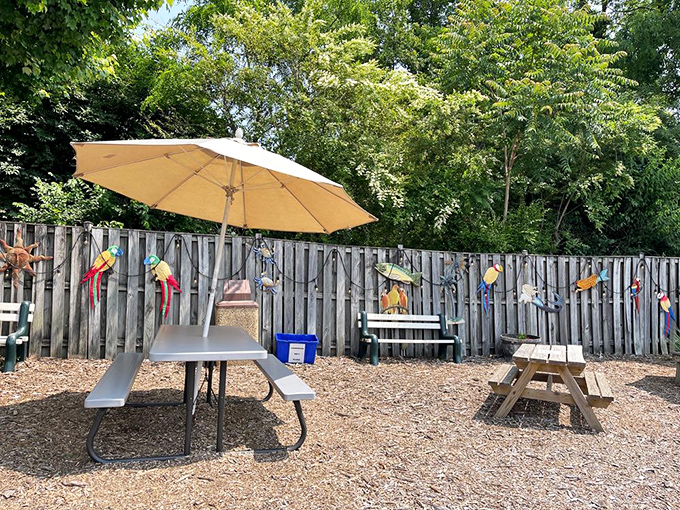 Outdoor dining that's more fun than a barrel of monkeys! This whimsical setup turns every meal into a picnic party.