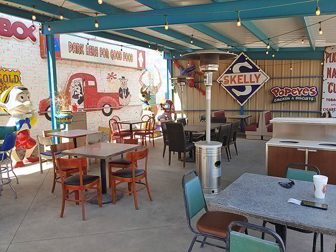 The outdoor patio &ndash; where vintage signs and fiberglass mascots stand guard while you savor bites of Southwestern BBQ perfection.
