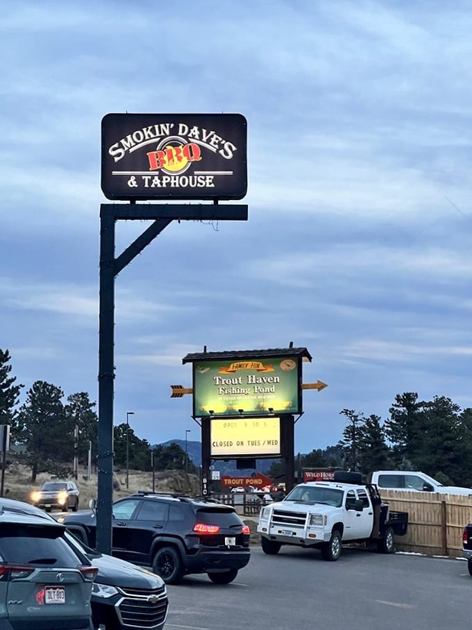 Neon dreams and fishing streams! This sign beckons like a lighthouse for the hungry, guiding you to smoky salvation.