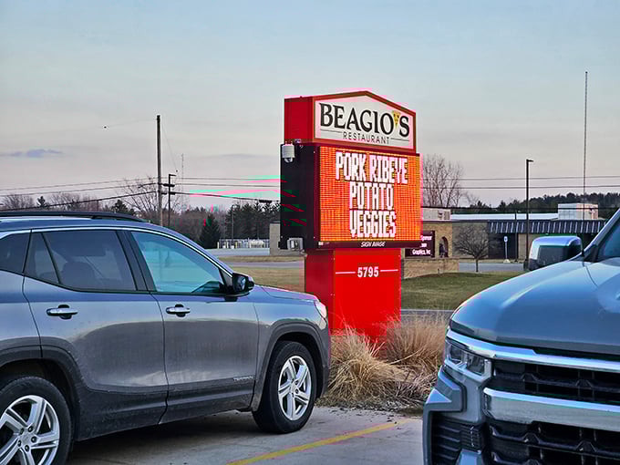 Bright lights, big flavors! Beagio's sign is like a beacon of hope for hungry travelers &ndash; follow the glow to gastronomic bliss.