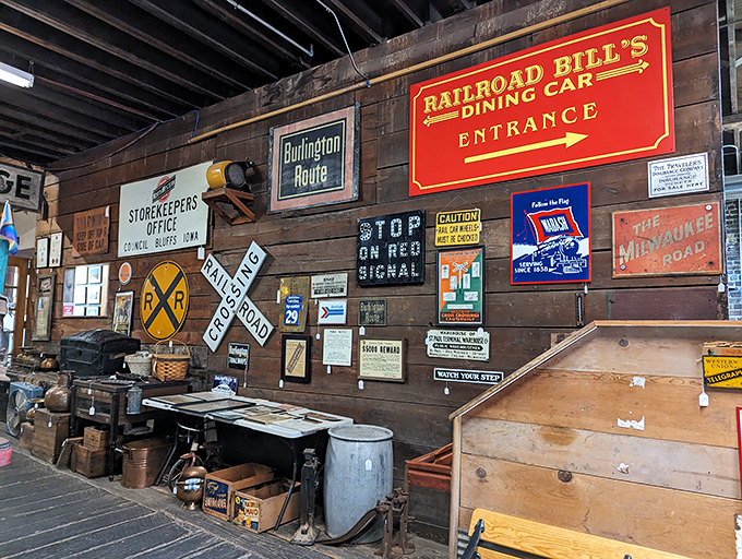 A wall of wonders! This eclectic collection of railroad memorabilia and vintage signs is like a history lesson you can enjoy with your coffee.