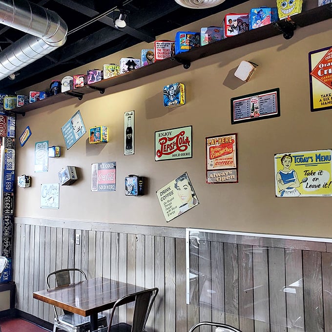 Wall of fame or wall of fun? This eclectic decor is like a scrapbook of Americana come to life.