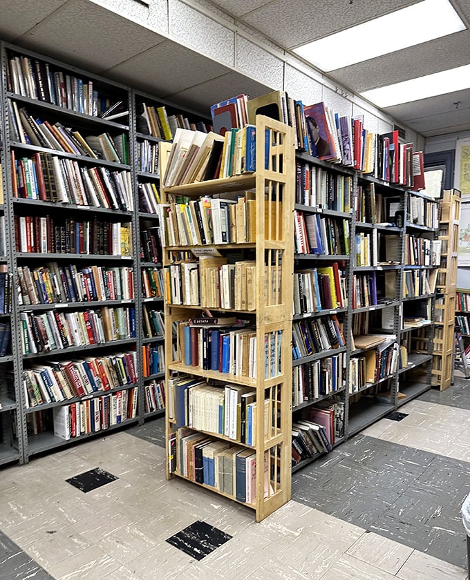 Book Jenga, anyone? These precariously stacked volumes are a testament to the shop's overflowing literary bounty.