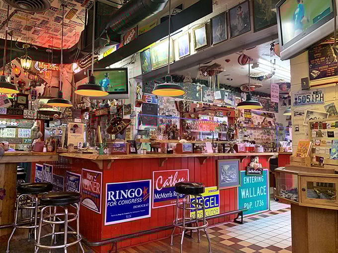 At this bar, the spirits aren't just in the bottles! The ghosts of road trips past seem to linger in every license plate and vintage sign.