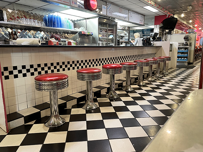 "Pull up a stool and stay awhile!" The classic diner bar, complete with chrome stools, is the perfect perch for people-watching and pie-eating.