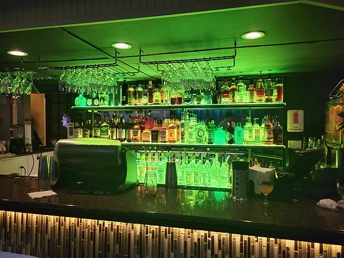 A bar that glows greener than a leprechaun's disco party! This dazzling display of spirits is sure to lift your spirits.