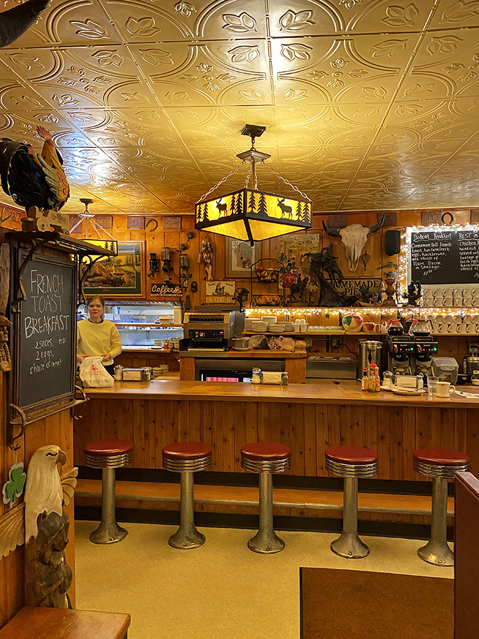 Belly up to breakfast paradise! This counter, with its classic stools and Western flair, is like a front-row seat to the best show in town.