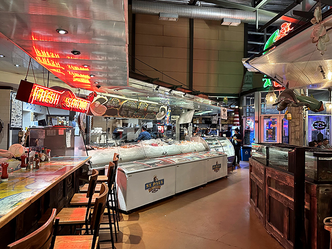 Fresh catch on display! This seafood counter is like an aquarium where everything's deliciously pre-cooked for your convenience.