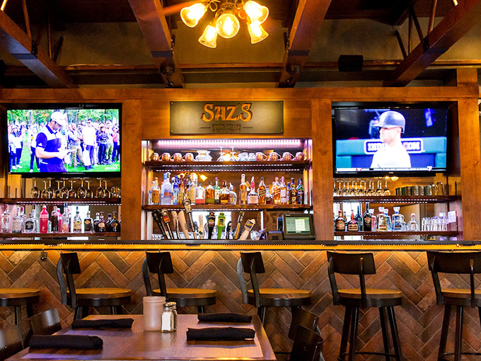 The bar at Saz's&mdash;where sports are always on, the bourbon flows freely, and nobody judges you for ordering "just one more" appetizer.