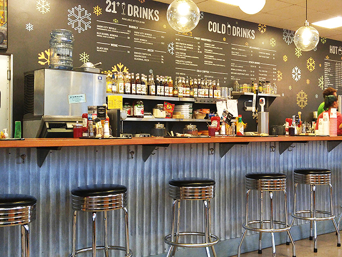 At this bar counter, breakfast dreams come true. It's where coffee flows like a river and pancakes stack up like Denali.