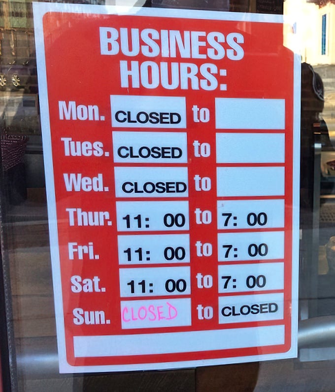 Sugar Vault's business hours: When the sweet tooth calls, they answer. Just not on Mondays, Tuesdays, or Sundays. Plan accordingly, sugar seekers!