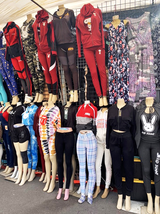 Fashion forward or backward? This clothing display is a time machine of trends, where yesterday's fashion faux pas become today's ironic statement pieces.