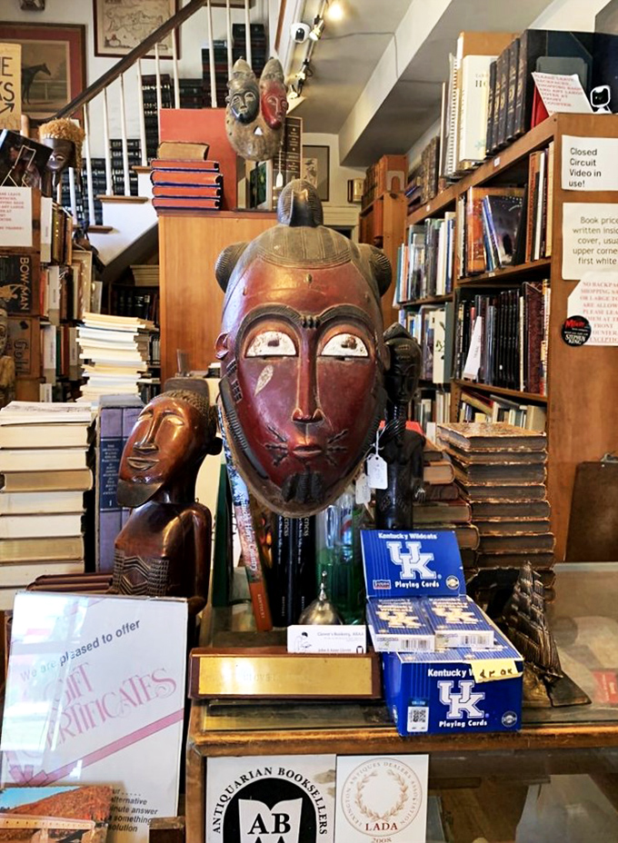 African masks stand guard over literary treasures. It's like Night at the Museum, but with more plot twists.